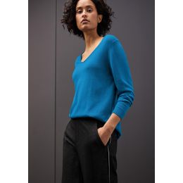 Street One Damen V-Ausschnitt-Pullover, blau, Gr. 34, unifarben, Stoff, 60% Viskose, 40% Baumwolle, Pullover, Feinstrick