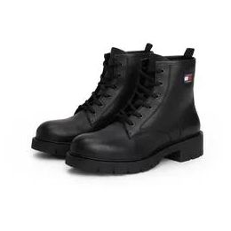 Tommy Hilfiger Schn&uuml;rboots TOMMY JEANS "TJW LACE UP LEATHER BOOT", Damen, Gr. 37, schwarz, Glattleder, Schuhe Schn&uuml;rboots, Blockabsatz, Schn&uuml;rstiefelette mit Logoflag an der Seite