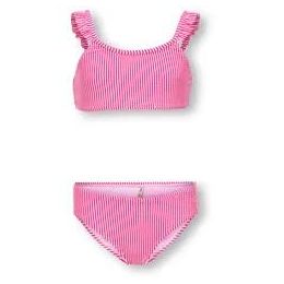 Bandeau-Bikini KIDS Only "KOGSUNNY STRUCTURE BIKINI SET ACC", M&auml;dchen, Gr. 158/164, N-Gr, knockout pink stripes:cloud dancer, Rippware, Polyester, gestreift, strukturiert, Bikini-Sets, mit kleiner R&uuml;sche an der Schulter