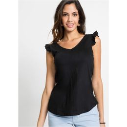 bonprix Damen Shirttopschwarz, Gr. 40, unifarben, Jersey, Obermaterial: 100% Baumwolle, Tops, lockerer loose fit, mit s&uuml;&szlig;er R&uuml;sche, aus Baumwolle