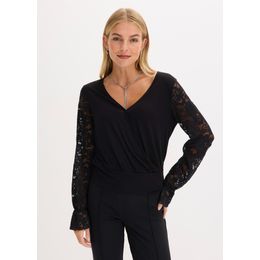 bonprix Langarmshirt mit Spitze, schwarz, Gr.36/38 (S), Stylisches Shirt mit tiefem Ausschnitt