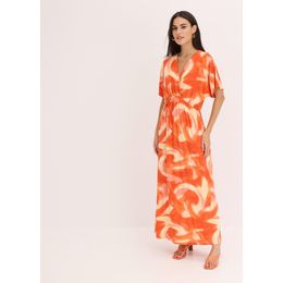 bonprix Maxikleid mit Batik-Print aus softem Viskose-Mix, orange, Gr.48/50 (XL), modisches Jersey-Maxikleid aus softem Viskose-Mix mit Drapierung vorne am V-Ausschnitt, aus Viskose