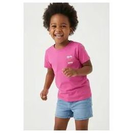 T-Shirt KIDS Only "KOGNANA LIFE S/S TOP FR ZA JRS", M&auml;dchen, Gr. 122/128, pink yarrow print:mena logo glitter, aqua foam Only, Jersey, Obermaterial: 100% Baumwolle, bedruckt, regular fit normal, Rundhals, Shirts T-Shirt, Baumwolle, regular fit