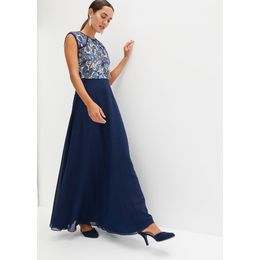 bonprix Maxikleid mit Spitze, blau, Gr.40/42 (M), Elegantes Abendkleid mit mehrfarbiger Spitze im Oberteil und dekorativen Kontrast-Paspeln