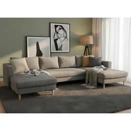Wohnlandschaft Trendmanufaktur "Amazing, wahlw. mit Schlaffunktion & Bettkasten, Fu&szlig; Buche lackiert", grau (betongrau), B:305cm H:81cm T:161cm, Sofas, Wohnlandschaft, Sofa in U-Form, in Cord oder Struktur, Breite 305 cm