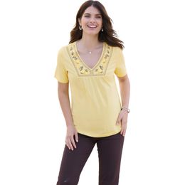 Damen Kurzarmshirt mit Zitronen-Print am Ausschnitt zitrone-khaki, Gr&ouml;&szlig;e 44