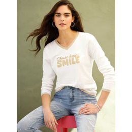 Heine Damen Pullover, Natur, Gr. 46, V-Ausschnitt Pullover, 100% Baumwolle