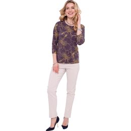 Damen 3/4-Arm-Shirt mit goldfarbenem Bl&uuml;tendruck aubergine-goldfarben-bedruckt, Gr&ouml;&szlig;e 48