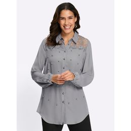 WITT Damen Longbluse mit Spitze und Zierperlen, steingrau, Gr&ouml;&szlig;e 36