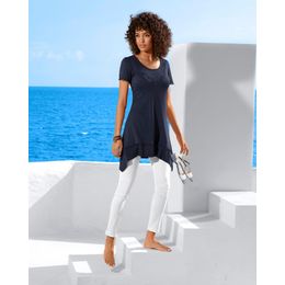 Longshirt Heine "Longshirt", Damen, Gr. 42, blau (marine), 100% Viskose, Spitze:100% Baumwolle, unifarben, Rundhals, Shirts Longshirt