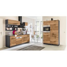 K&uuml;chenzeile KOCHSTATION "KS-Tulsa", braun (k&uuml;che: natur, korpus: grafit, arbeitsplatte: anthrazit), B:330cm T:60cm, Komplettk&uuml;chen-Sets, K&uuml;chenzeile, ohne E-Ger&auml;te, Breite 330 cm, schwarze Metallgriffe, MDF Fronten
