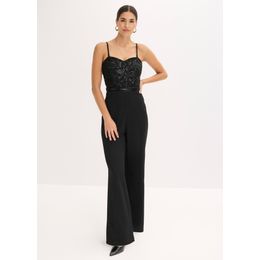 bonprix Overall aus strukturiertem Crepe mit Perlenstickerei, schwarz, Gr.42, Modern und sexy: Overall aus strukturiertem Crepe mit Bustier-Ausschnitt und Perlenstickerei im Oberteil