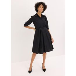 bonprix Hemdblusenkleid mit Spitze und Bindeband, schwarz, Gr.36, Charismatisches Hemdblusenkleid mit Eingriffstaschen und Taillenband zum Binden, 72% Baumwolle