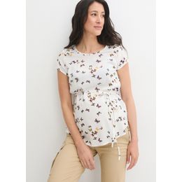Umstandsbluse bonprix, Damen, Gr. 44, wollwei&szlig;, Web, Obermaterial: 100% Viskose, bedruckt, figurumspielend h&uuml;ftbedeckend, Rundhals, Blusen, figurumspielende Passform, mit kurzem Arm, mit Bindeband