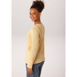 Aniston CASUAL Damen Rundhalspullovergelb, Gr. 46, unifarben, Feinstrick, Obermaterial: 100% Baumwolle, Pullover, mit trendig gemixten Ajour-Mustern