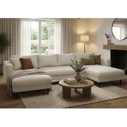Wohnlandschaft Trendmanufaktur "Amazing II, wahlw. mit Schlaffunktion & Bettkasten, Fu&szlig; schwarz", wollwei&szlig;, B:305cm H:81cm T:161cm, Sofas, Wohnlandschaft, Sofa in U-Form, in Cord, Struktur LEO o. Struktur LINO, Breite 305 cm