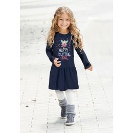 Kidsworld M&auml;dchen Jerseykleid "mit Spruch: HAPPY GLITZER TAG", blau, Gr. 128, bedruckt, Jersey, Obermaterial: 95% Baumwolle, 5% Elasthan, Kleider,