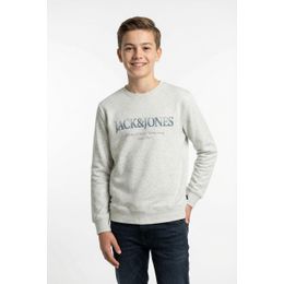 Jack & Jones Sweatshirt JACK & JONES JUNIOR "JJDEVIN DAYTONA PRINT SWEAT CREW N JNR", Jungen, Gr. 152, wei&szlig; melange, angeraute Sweatware, Obermaterial: 60% Baumwolle, 40% Polyester, bedruckt, unifarben, loose fit normal, Rundhals, Rippb&uuml;ndchen, Sweatshirts Sweatshirt, mit Logoprint
