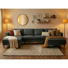 Wohnlandschaft Home Affaire "Booster II, whlw. mit Schlaffunktion & Bettkasten, Fu&szlig; schwarz", anthrazit, B:305cm H:83cm T:161cm, 92% Polyester, 5% Polyamid, Sofas, Wohnlandschaft, Sofa in U-Form, Breite 305 cm, in Cord oder Struktur LEO o. LINO