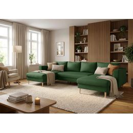 Wohnlandschaft Trendmanufaktur "Amazing, wahlw. mit Schlaffunktion & Bettkasten, Fu&szlig; Buche lackiert", gr&uuml;n (dunkelgr&uuml;n), B:305cm H:81cm T:161cm, Sofas, Wohnlandschaft, Sofa in U-Form, in Cord oder Struktur, Breite 305 cm