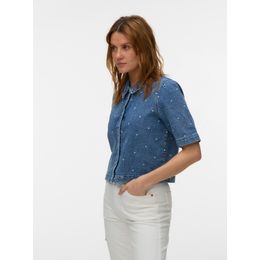 V&eacute;ro Moda Jeansbluse VERO MODA "VMDIONNE 2/4 EMB DENIM SHIRT RA375", Damen, Gr. XS, medium blau denim aop:heart, Denim/Jeans, Obermaterial: 99% Baumwolle, 1% Elasthan, bestickt, regular fit taillenbedeckt, Blusen Jeansbluse, Baumwollmischung, regular fit, Stickerei