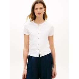 Tommy Hilfiger Damen Kurzarmshirt "GOLD BUTTON SLIM SS TEE"ecru, Gr. L, unifarben, Single Jersey, Obermaterial: 100% Baumwolle, Shirts