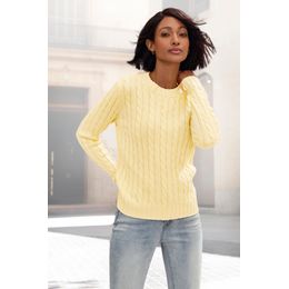 Lascana Damen Rundhalspullover, gelb, Gr. 32, unifarben, Strick, Obermaterial: 50% Baumwolle, 50% Polyacryl, Pullover, mit Zopfstrickmuster,