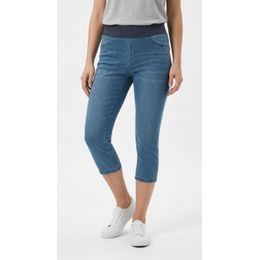 Caprileggings Freequent "FQSHANTAL-CA-DENIM", Damen, Gr. L, N-Gr, blau (medium blau denim), Denim/Jeans, Obermaterial: 66% Baumwolle, 21% Polyester, 11% Cupro, 2% Elasthan, unifarben, skinny fit 3/4-L&auml;nge, Hosen Caprileggings, mit extra breitem Bund
