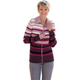 Damen Strickjacke mit Rei&szlig;verschluss, geringelt ecru-aubergine-geringelt, Gr&ouml;&szlig;e 54