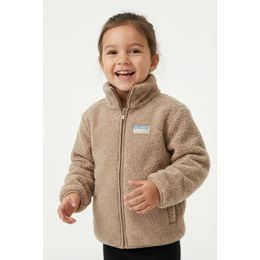 Fleecejacke KIDS Only "KOGEVA LIFE TEDDY JACKET CP OTW NOOS", M&auml;dchen, Gr. 134, beige (cuban sand), Pl&uuml;sch, Obermaterial: 100% Polyester, unifarben, regular fit normal, elastischer Bund, Jacken Fleecejacke