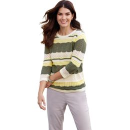 Damen 3/4-Arm-Pullover mit Ajour-Muster khaki-zitrone-gemustert, Gr&ouml;&szlig;e 38