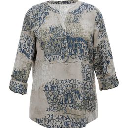 Damen Druckbluse mit kurzer Knopfleiste beige-dunkelblau-bedruckt, Gr&ouml;&szlig;e 38