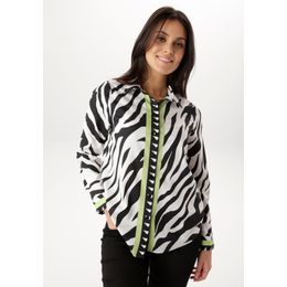 Hemdbluse Aniston SELECTED, Damen, Gr. 40, schwarz, wollwei&szlig;, kiwigr&uuml;n, Web, Obermaterial: 100% Viskose, bedruckt, gemustert, figurumspielend Po-bedeckend, 1-Knopf-Manschette, Blusen Hemdbluse, im Zebra-Look allover mit kontrastfarbigen Streifen - NEUE KOLLEKTION