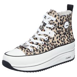 Plateausneaker Rieker, Damen, Gr. 42, beige (leo, natur), Lederimitat, Textil, Schuhe Plateausneaker, High Top-Sneaker, Schn&uuml;rboots in bequemer Form