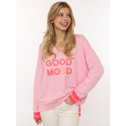 Sweatshirt Zwillingsherz "Dana", Damen, Gr. S/M, rosa, Sweatware, Obermaterial: 50% Baumwolle, 50% Polyester, unifarben mit Farbeins&auml;tzen, normal h&uuml;ftlang, V-Ausschnitt, Sweatshirts Sweatshirt, Neon-B&uuml;ndchen, V-Ausschnitt, Langarm, Front-Stickerei