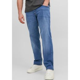 Jack & Jones PlusSize Tapered-fit-Jeans "JJIMIKE mit Abriebeffekten und funktionalen Taschen", Herren, Gr. 44, L&auml;nge 34, blau (blau denim), Denim/Jeans, Obermaterial: 76% Baumwolle, 22% Polyester, 2% Elasthan, JACK & JONES PLUSSIZE, Abriebeffekte, bequem normal, Jeans Tapered-fit-Jeans, mit Used-Optik