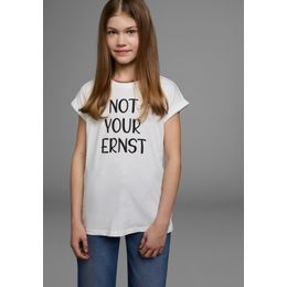 T-Shirt Kidsworld "NOT YOUR ERNST", M&auml;dchen, Gr. 140/146, wei&szlig;, Single Jersey, Obermaterial: 100% Baumwolle, bedruckt, weit h&uuml;ftbedeckend, Rundhals, Aufschlag, Shirts T-Shirt, Kurzarm, bedruckt, Rundhalsausschnitt, aus Baumwolle, Topseller