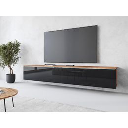 Lowboard Home Affaire "LOWBOARD VERA, wahlweise mit oder ohne Beleuchtung", schwarz (votan eichefarben, schwarz hochglanz), B:180cm H:30cm T:33cm, Sideboards, Lowboard, Modernes griffloses TV-Board, 180 cm TV-Schrank, stehend und h&auml;ngend