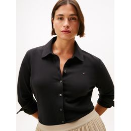 Damen Langarmbluse "CRV 1985 SLIM PIQU", schwarz, Gr. 46, Tommy Hilfiger Curve, unifarben, Piqu&eacute;, Obermaterial: 96% Baumwolle, 4% Elasthan, Blusen,