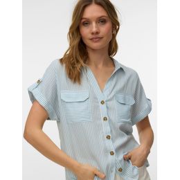 V&eacute;ro Moda Kurzarmbluse VERO MODA "VMBUMPY S/S SHIRT WVN GA NOOS", Damen, Gr. XS, snow wei&szlig; stripes:gray mist, Web, Obermaterial: 100% Viskose, gestreift, regular fit normal, V-Ausschnitt, mit Aufschlag, Blusen Kurzarmbluse, Viskose, regular fit