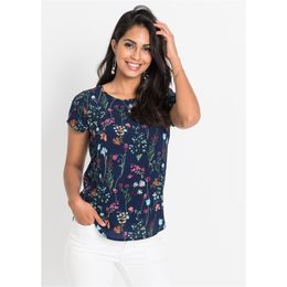 Shirtbluse bonprix, Damen, Gr. 48, mitternachtsblau gebl&uuml;mt, Web, Obermaterial: 100% Polyester, regular fit, Blusen Shirtbluse, figurumspielende Passform, f&uuml;r Fr&uuml;hjahr und Sommer, aus Polyester