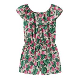 Kurzoverall name it "NKFVINAYA PLAYSUIT FFF", M&auml;dchen, Gr. 152, N-Gr, summer sand aop:hibiscus, Web, Obermaterial: 98% Polyester, 2% Elasthan, bedruckt, regular fit kurz, Carmenausschnitt, Overalls Kurzoverall, Kunstfaser, elastischer Bund, Allover-Druck