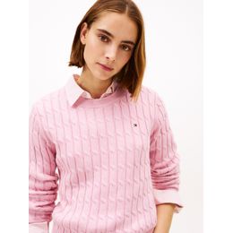 Tommy Hilfiger Damen Rundhalspullover "CO CABLE MID GG C-NK LS SWT", rosa, Gr. M, unifarben, Strick, Obermaterial: 100% Baumwolle, Pullover, mit