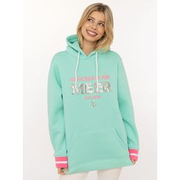 Hoodie Zwillingsherz "Gl&uuml;cklich am Meer", Damen, Gr. S/M, gr&uuml;n (mint), Sweatware, Obermaterial: 50% Baumwolle, 50% Polyester, regular fit h&uuml;ftlang, V-Ausschnitt, angesetztes B&uuml;ndchen, Sweatshirts Hoodie, mit Pailletten, Kapuze und kontrastfarbigen B&uuml;ndchen