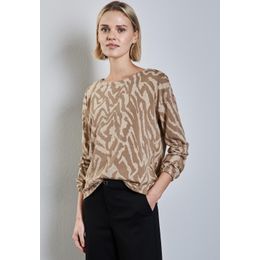 Street One Damen Langarmshirt, beige, Gr. 46, bedruckt, Stoff, 64% Polyester, 33% Viskose, 3% Elasthan, Shirts, mit U-Boot-Ausschnitt