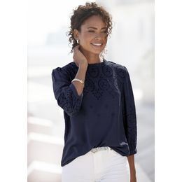 Lascana Damen Schlupfbluse, blau, Gr. 34, unifarben, Web, Obermaterial: 100% Viskose, Blusen, mit Lochstickerei und dezenten R&uuml;schen, 3/4-&auml;rmelige