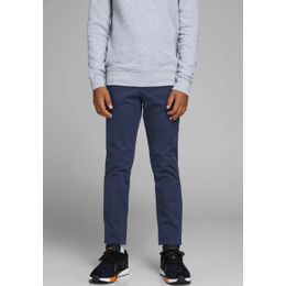 Jack & Jones Chinos JACK & JONES JUNIOR "JPSTMARCO bequem, elastisch, pflegeleicht", Jungen, Gr. 134, N-Gr, blau (navy blazer), Web, Obermaterial: 98% Baumwolle, 2% Elasthan, unifarben, slim fit normal, Hosen Chinos, unifarben, casual, slim fit, Web