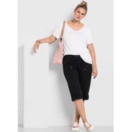 sheego Damen 3/4-Hose, schwarz, Gr. 54, unifarben, 97% Baumwolle, 3% Elasthan, Hosen