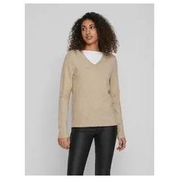 V-Ausschnitt-Pullover Vila "VIRIL V-NECK L/S KNIT TOP - NOOS", Damen, Gr. XXL (44), beige (natural melange), Feinstrick, Obermaterial: 50% Viskose, 27% Nylon, 23% Polyester, meliert, unifarben, regular fit normal, V-Ausschnitt, Pullover, Materialmix, regular fit