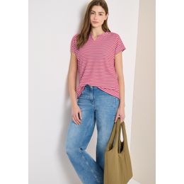 Rundhalsshirt Cecil, Damen, Gr. L (42), beetroot pink, Web, 42% Baumwolle, 42% Polyester, 14% Viskose, 2% Elasthan, gestreift, comfort fit normal, V-Ausschnitt, abgesteppt, Shirts Rundhalsshirt, im soften Baumwoll-Mix
